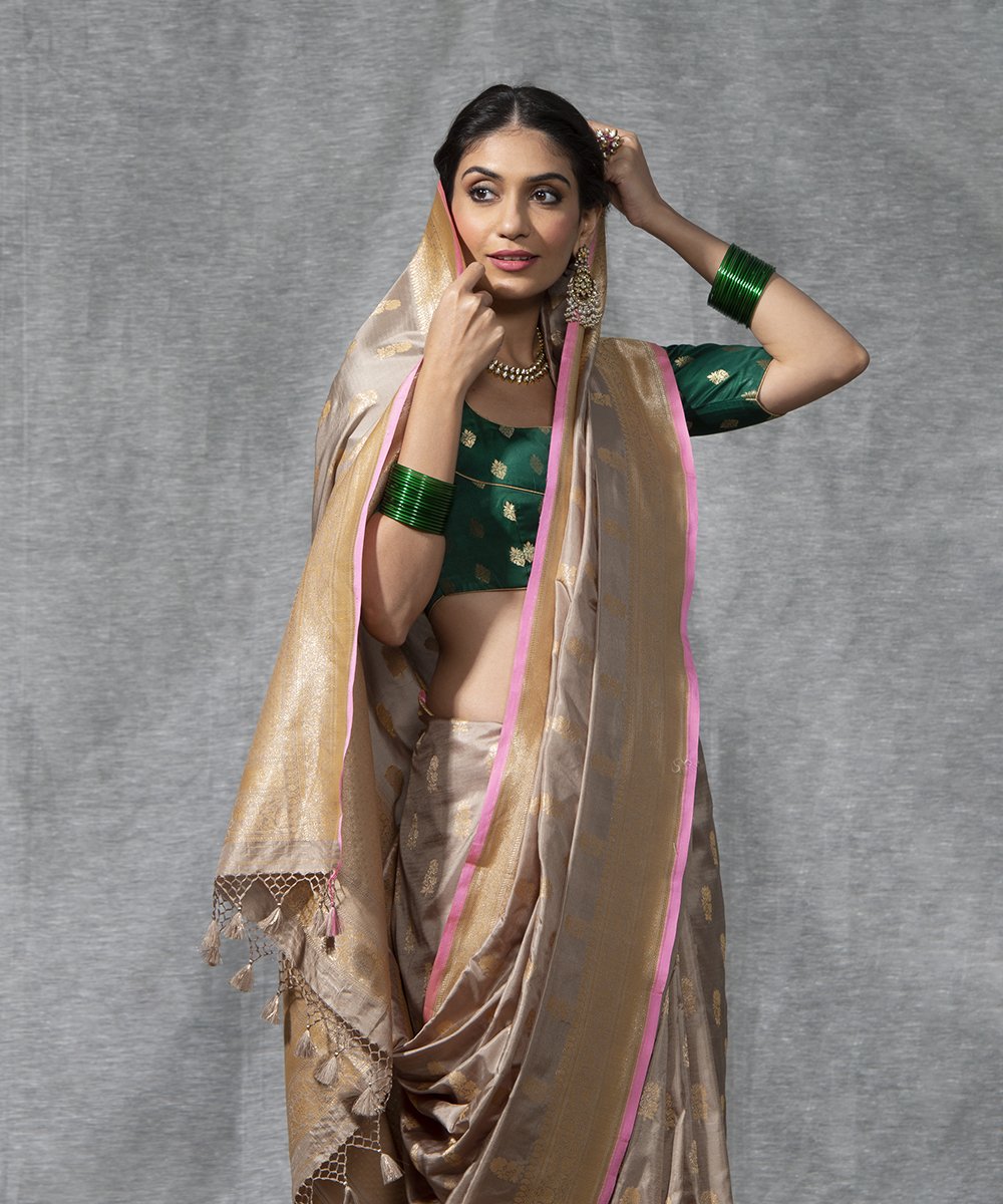 Handloom Beige Cutwork Katan Silk Saree Booti with Pink Selvedge – WeaverStory