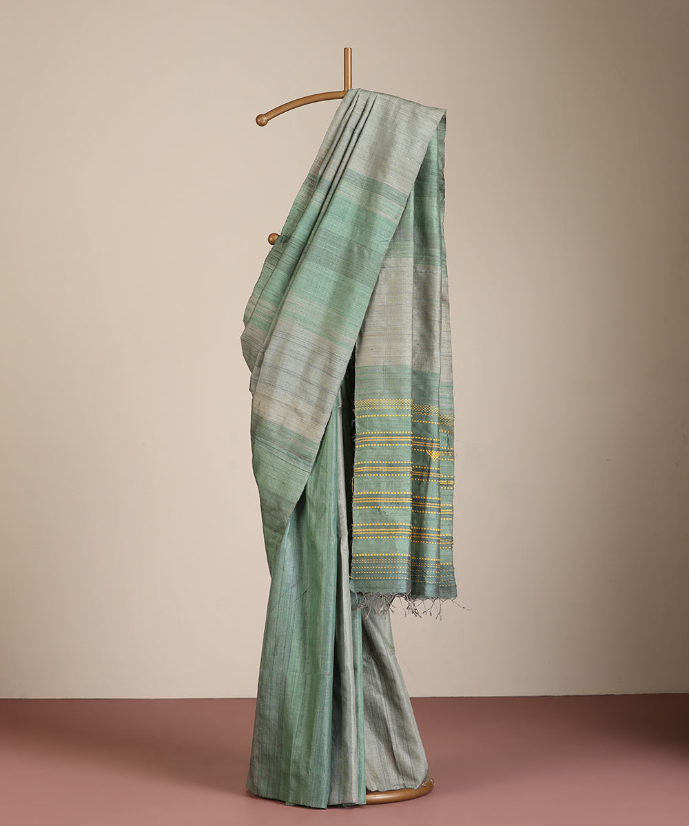 Grey-Green Handloom Tussar Ikat Saree With Gradient Hues – WeaverStory