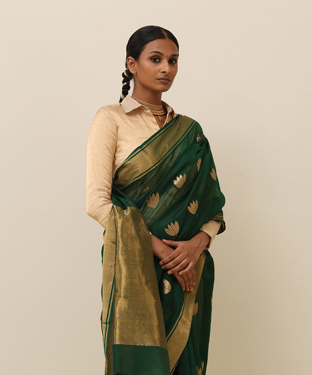 Bottle Green Handloom Pure Cotton Chanderi Saree With Char Patti Boota ...