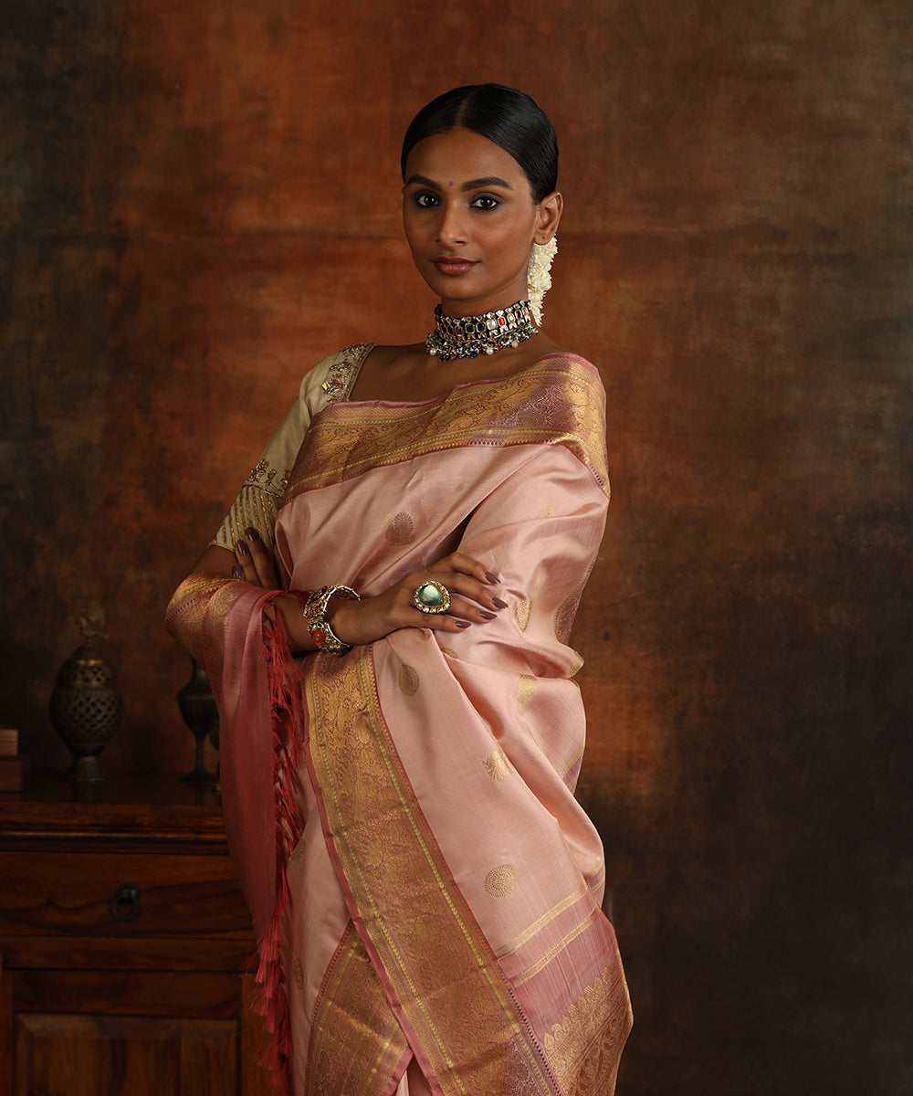 Light Mauve Pink Handloom Pure Silk Kanjivaram Saree With Pure Zari An ...