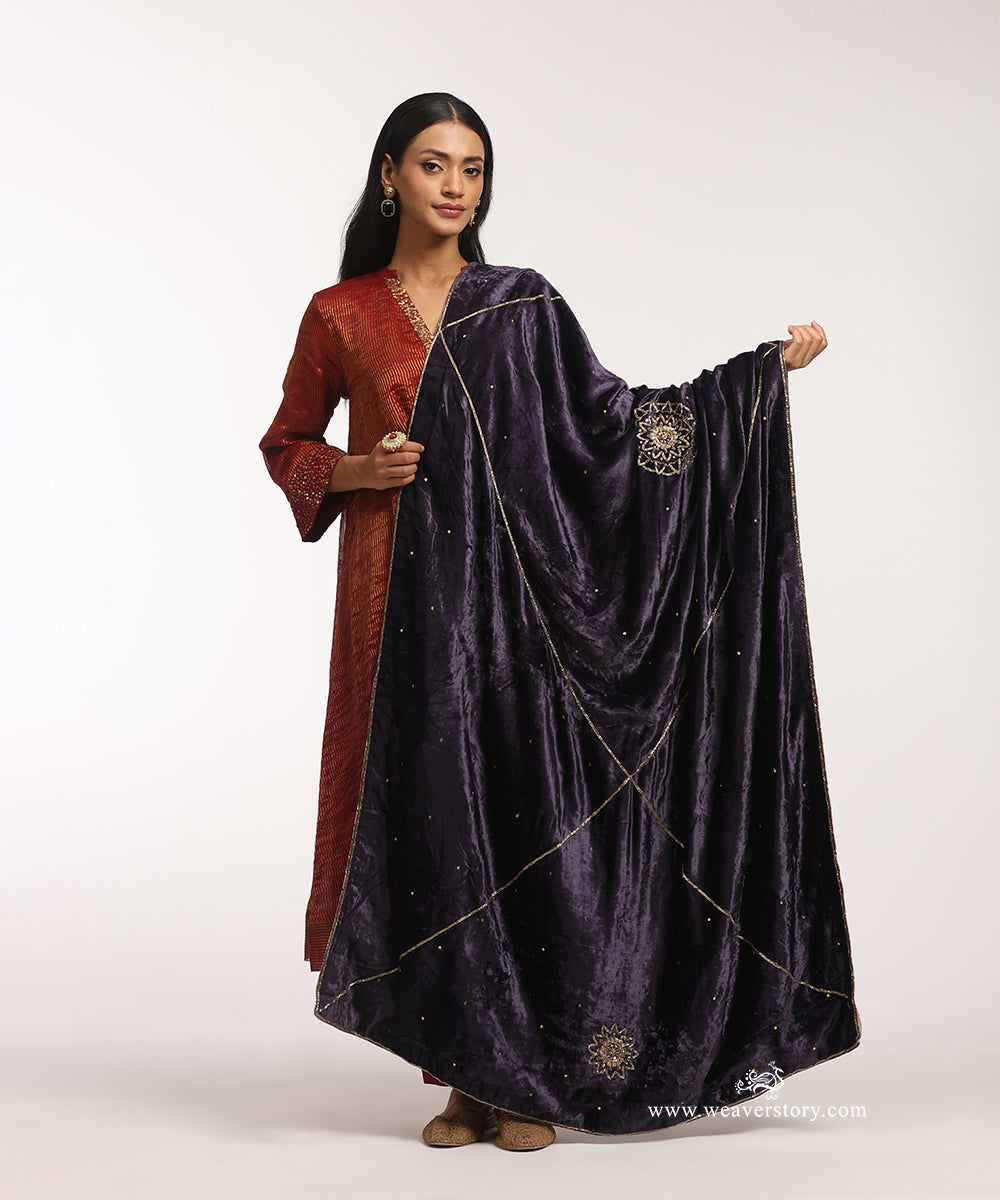 Grape Color Hand Embroidered Velvet Doshala With Big Floral Boota Embr ...