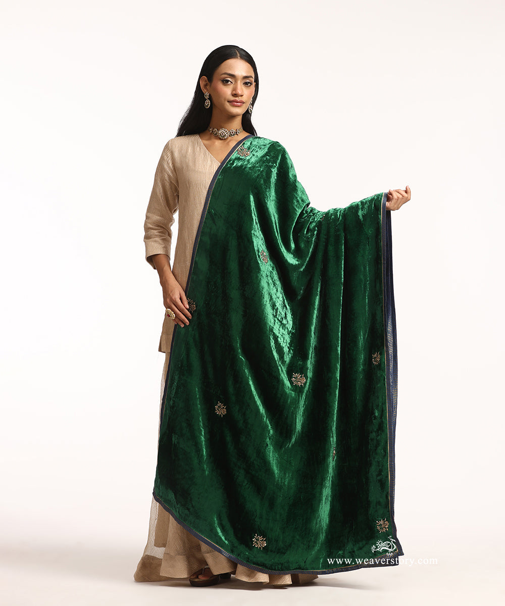 Dark Green Hand Embroidered Silk Velvet Doshala With Zardosi Booti ...