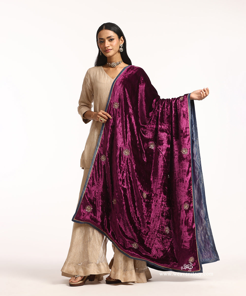 Wine Hand Embroidered Velvet Doshala With Circular Zardosi Motifs ...