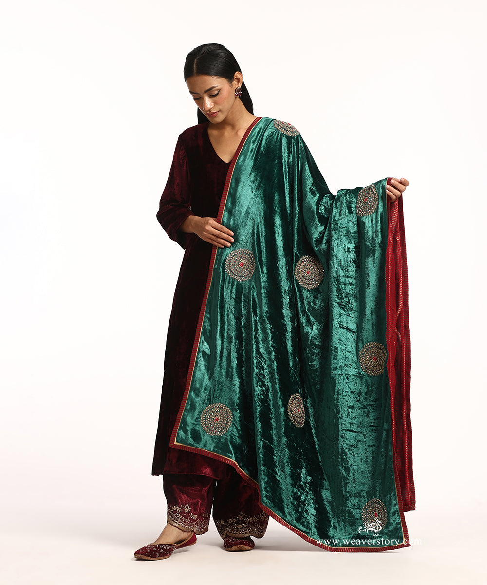 Teal Green Hand-Embroidered Zardozi Silk Velvet Doshala with Rangoli B ...