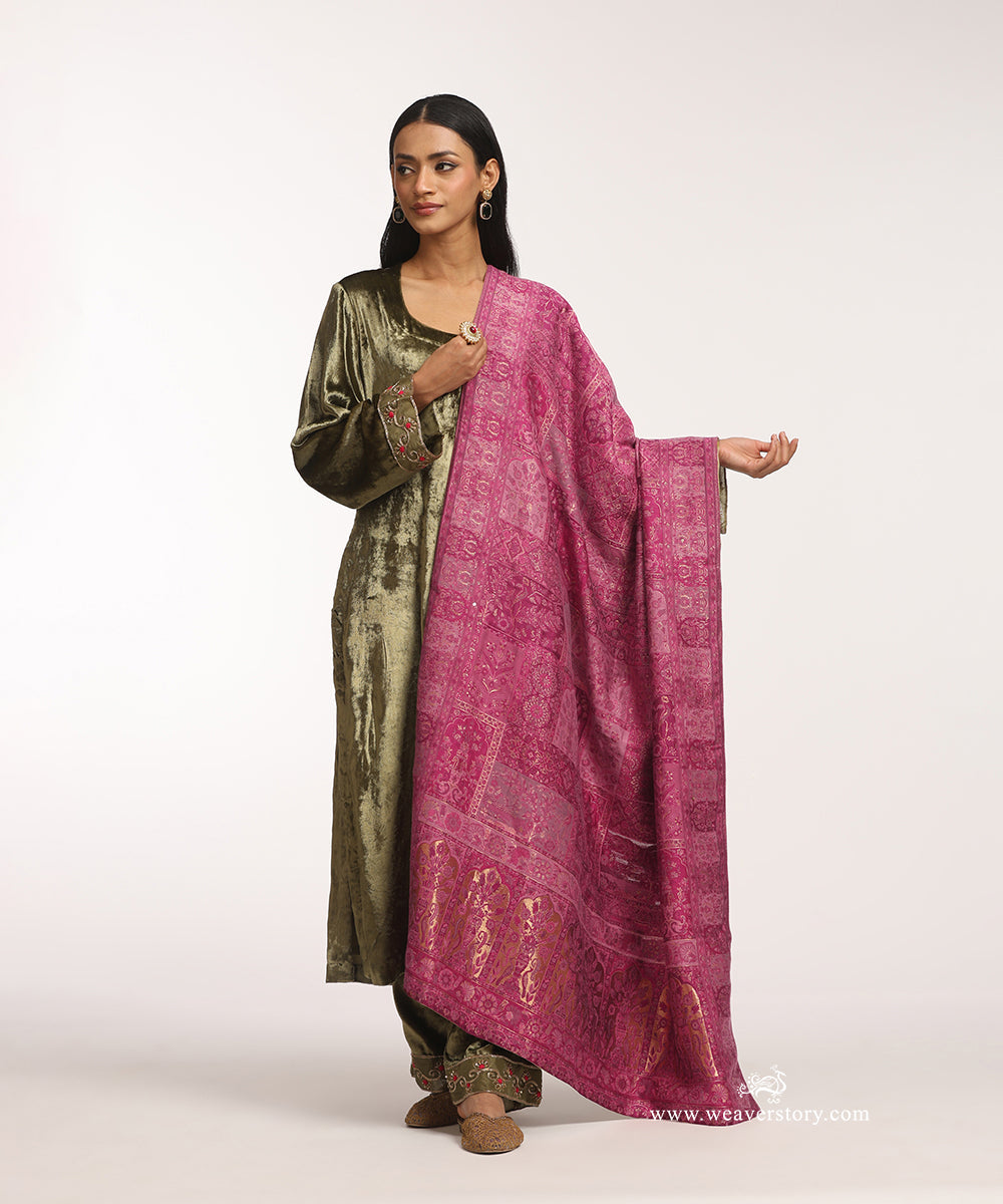 Pink Handwoven Jamawar Pure Cashmere Wool Doshala with Olive Green Tis ...