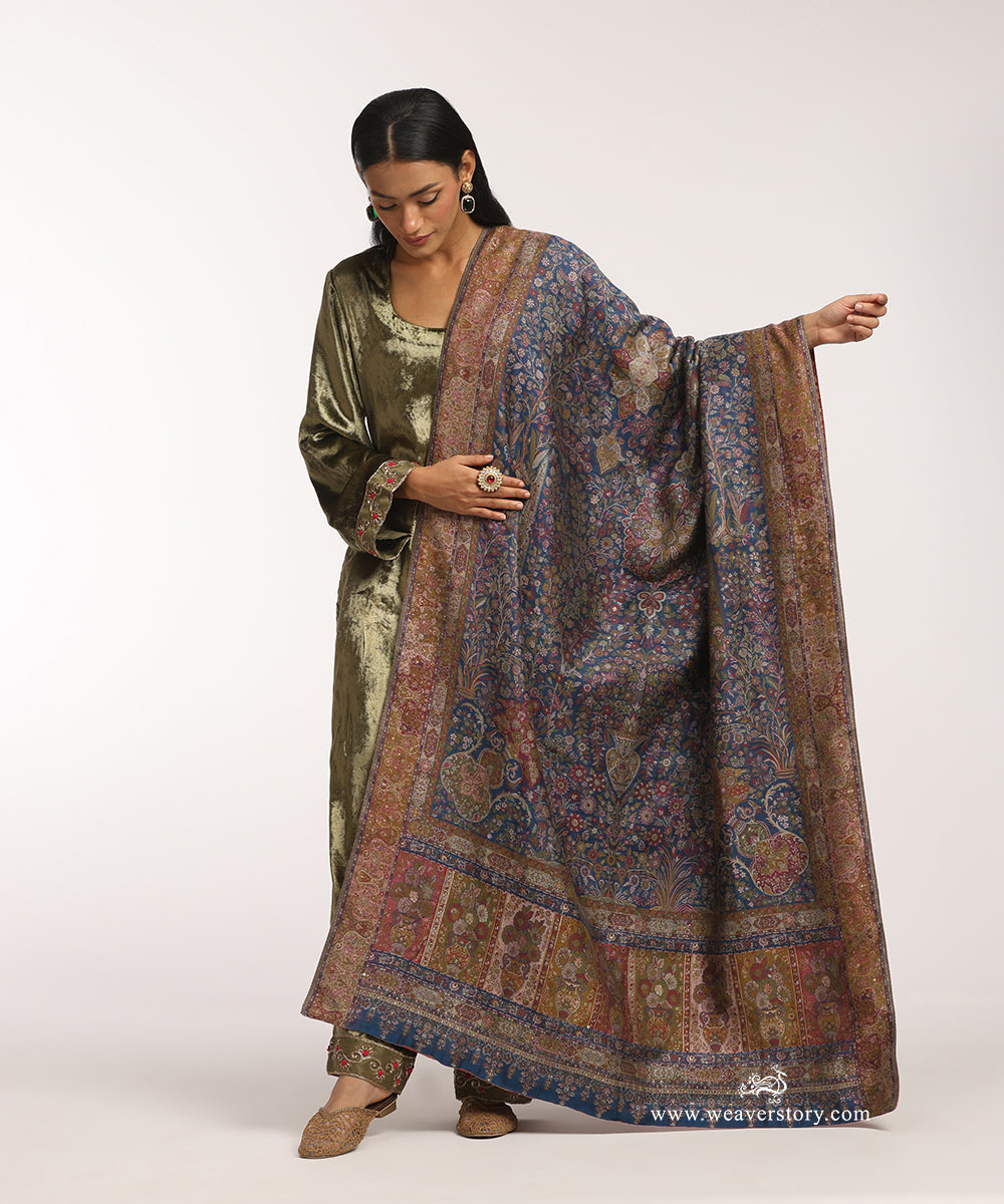 Midnight Blue Handwoven Pure Cashmere Wool Multicolor Doshala With Rus ...