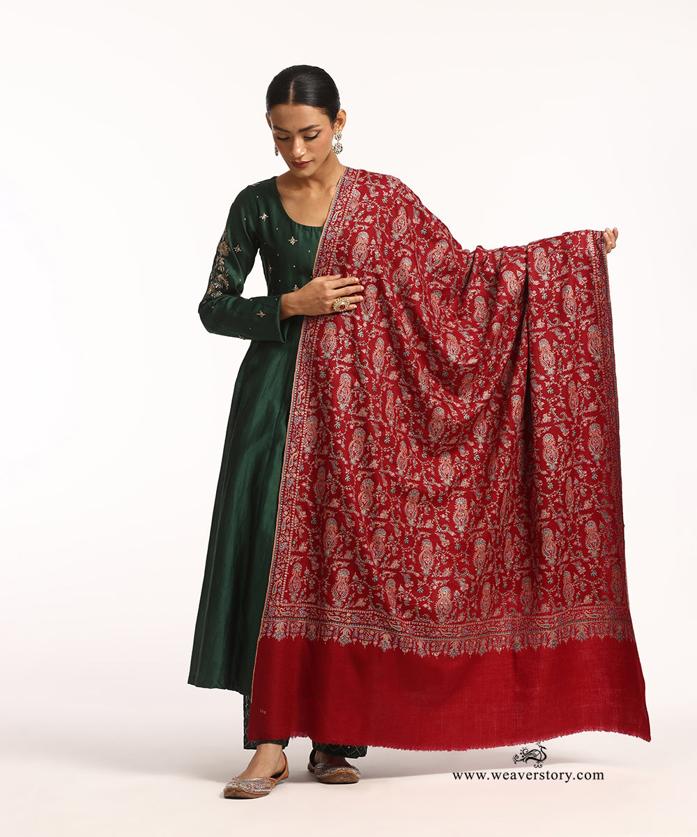 Red Handwoven Pure Pashmina Jamawar Shawl – WeaverStory