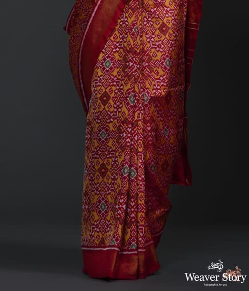 Pure silk Gujarat Patola saree in Mustard and red combination – WeaverStory