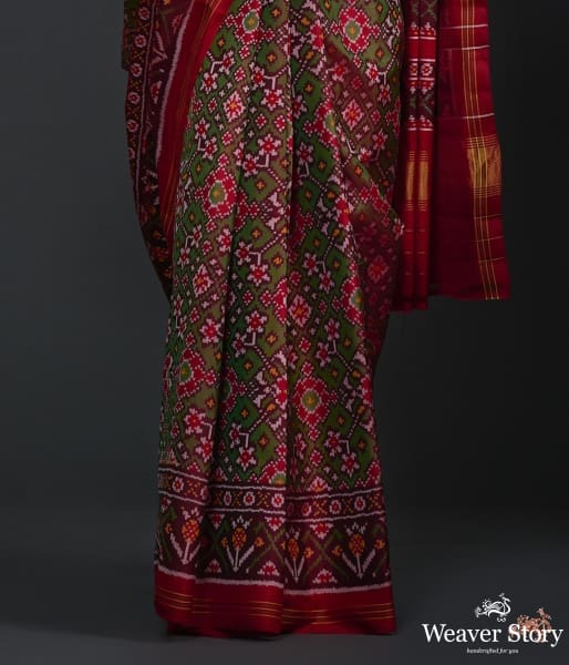 Pure silk Gujarat Patola saree in green and red traditional design ...