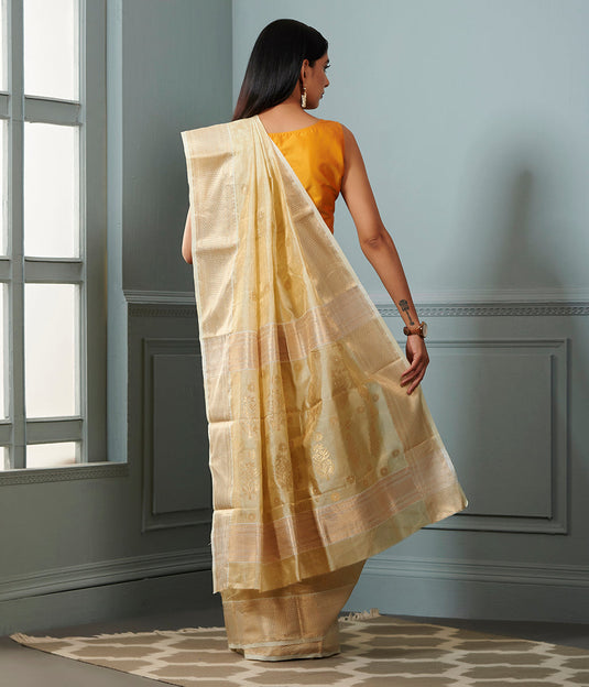 Ivory and gold Chanderi Tissue Silk Saree with Floral Motifs – WeaverStory