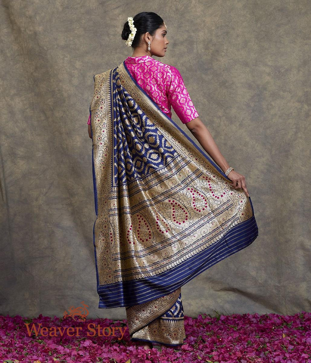 Handwoven Dark Blue Fine Zari Katan Jangla Saree – WeaverStory