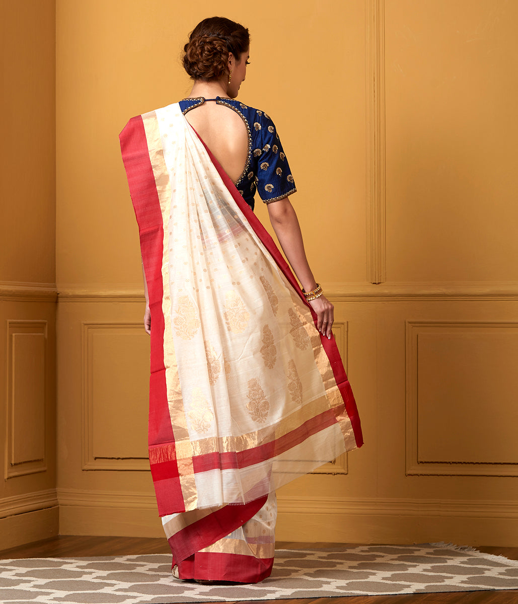 Handwoven White Chanderi Saree with Gold Boota and Red Border – WeaverStory