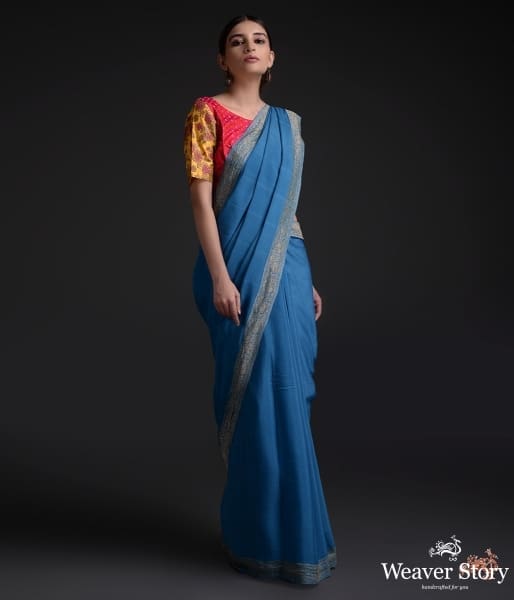Handwoven Banarasi Georgette saree with antique zari border – WeaverStory
