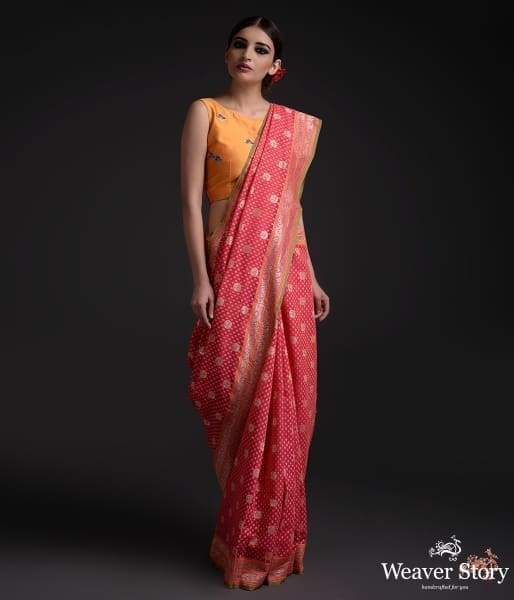 Pink pure cotton saree with cutwork nilambari booti – WeaverStory