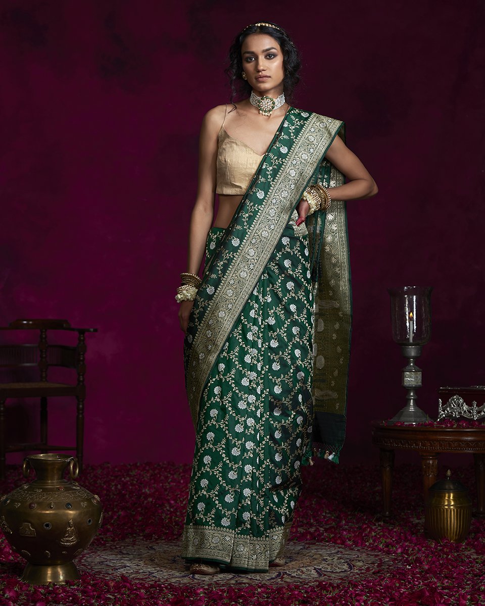 Emerald Green Handloom Banarasi Saree with Intricate Jangla Design ...