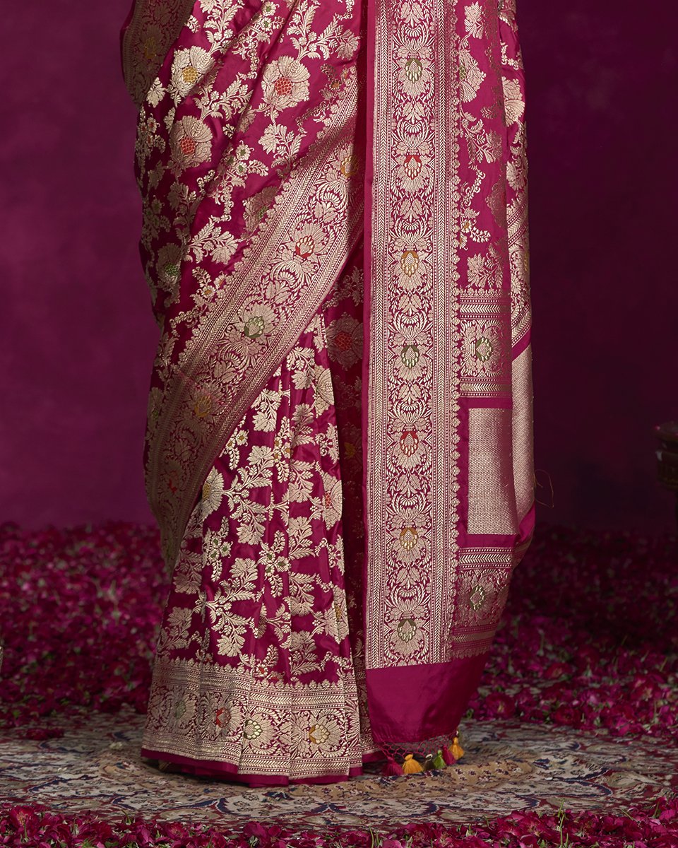 Handloom Rani Pink Katan Silk Banarasi Jangla Saree with Meenakari ...