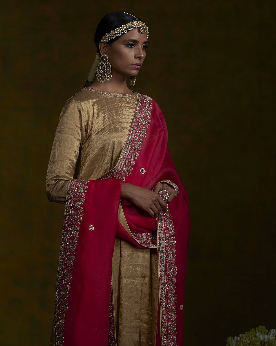 Gold Silk Tissue Suit with Zardozi Embroidery and Organza Hand Embroid ...