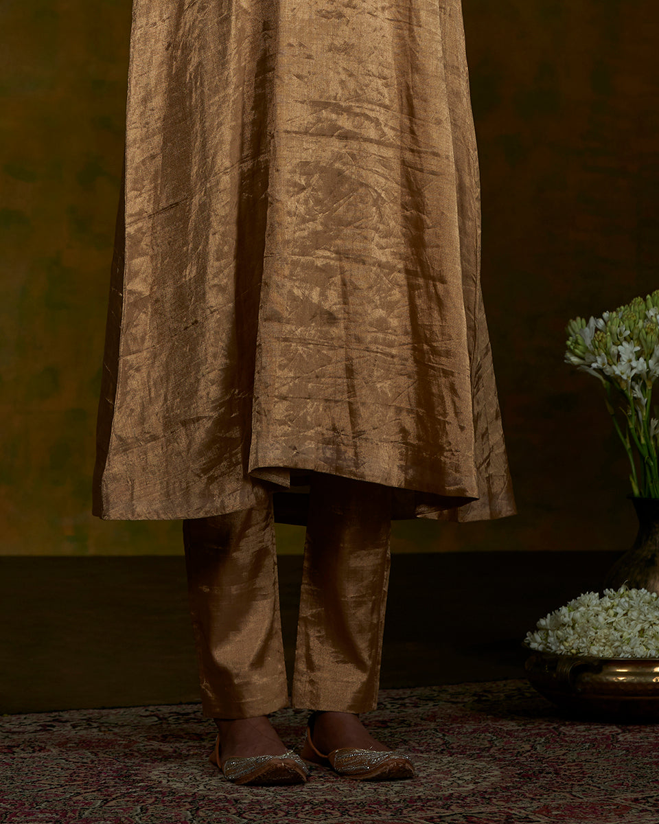 Gold Silk Tissue Suit with Zardozi Embroidery and Organza Hand Embroid ...