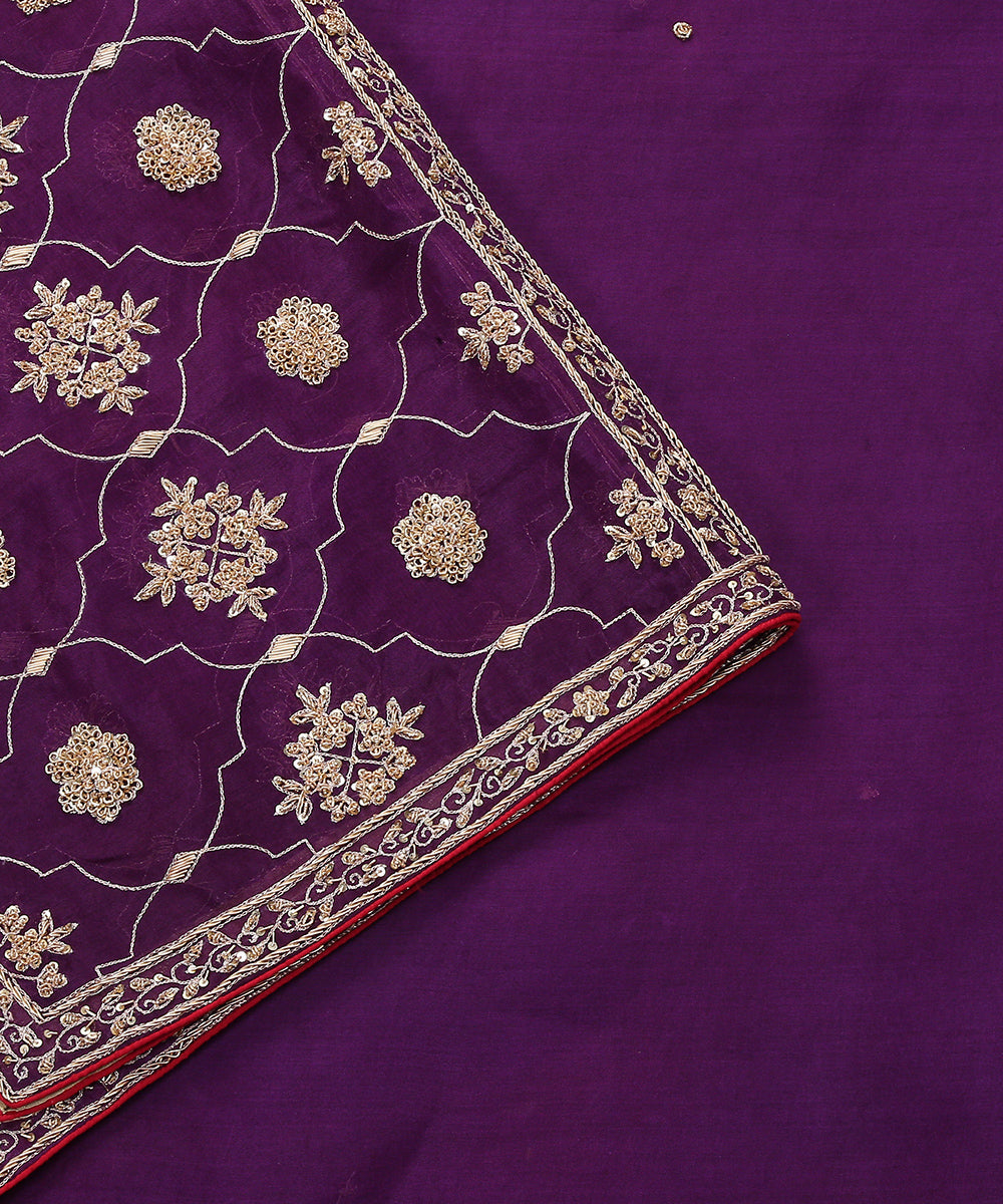 Purple Handloom Organza Dupatta with Hand Embroidery zardozi - WeaverStory