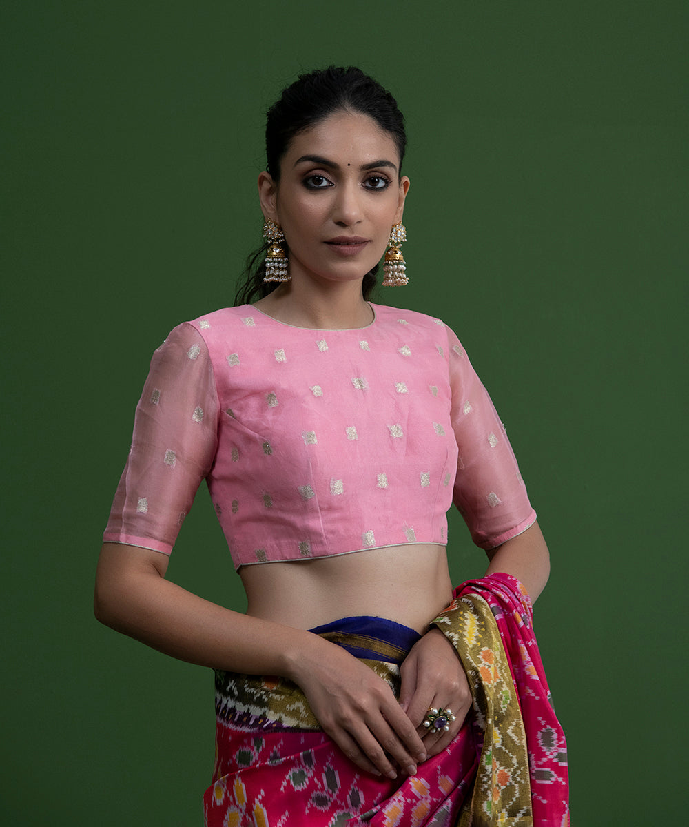 Pink Handloom Organza Blouse with Zero Neckline - WeaverStory