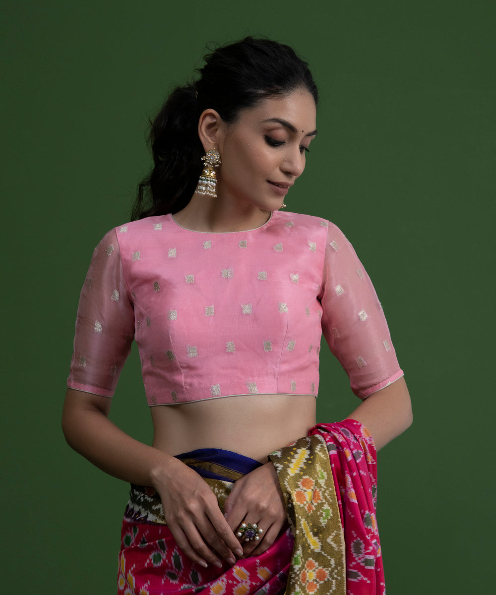Pink Handloom Organza Blouse with Zero Neckline – WeaverStory