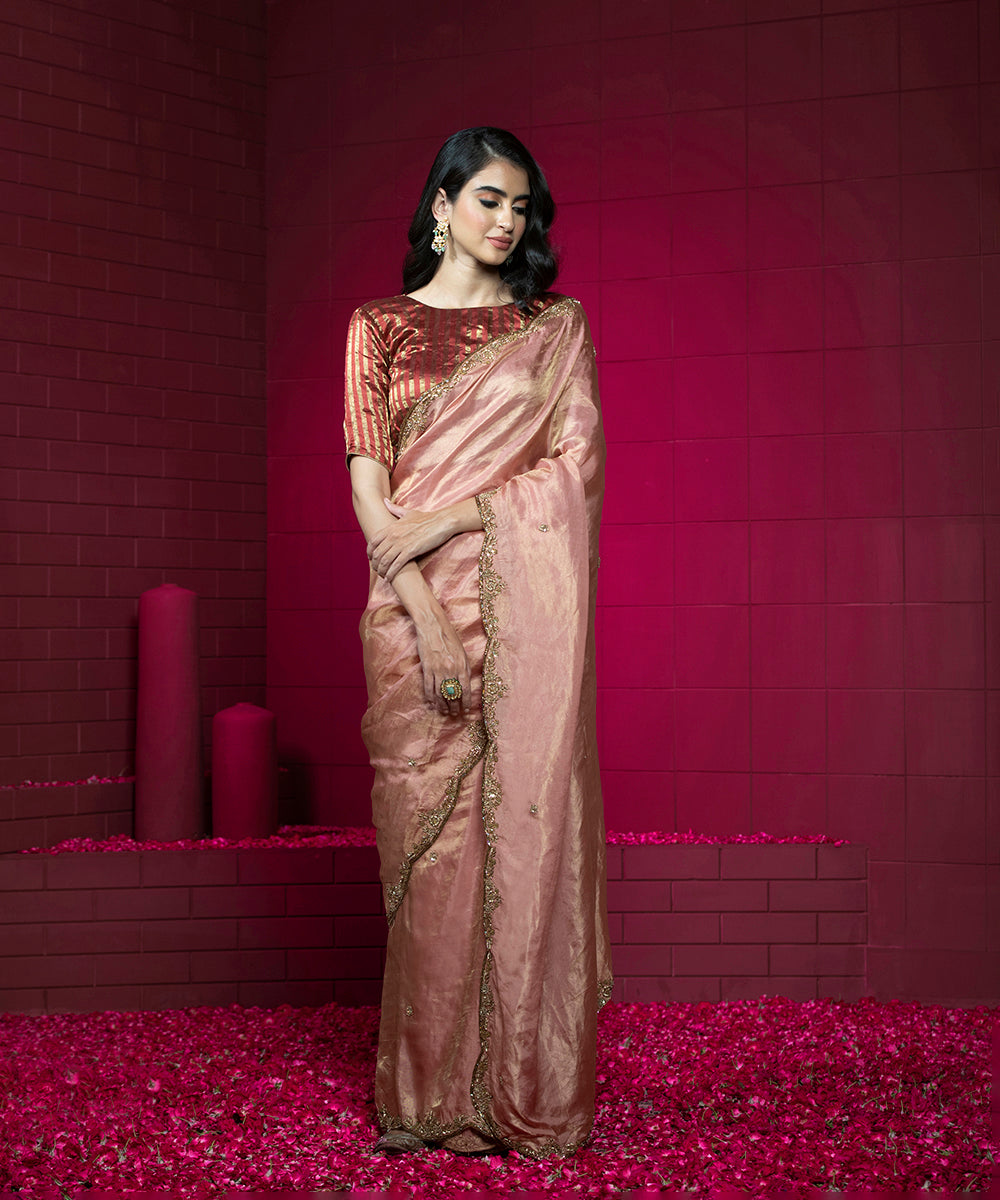 Old Rose Handloom Scalloped Embroidered Tissue Silk Saree With Closed ...