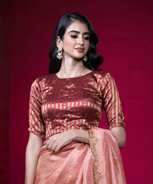 Old Rose Handloom Scalloped Embroidered Tissue Silk Saree With Closed ...