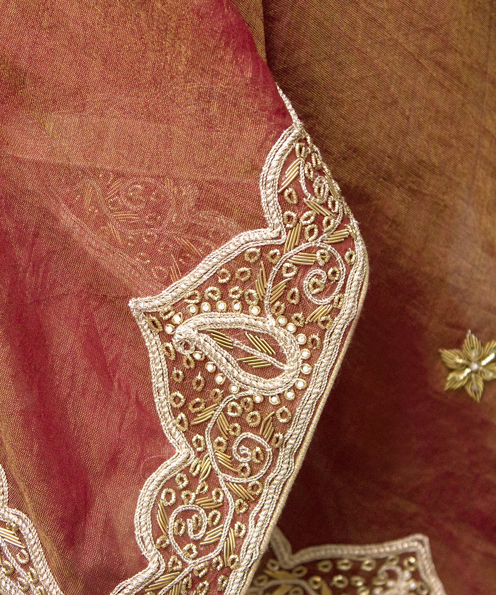 Handloom Rust Pure Tissue Dupatta with Zardozi Hand Embroidery Border ...