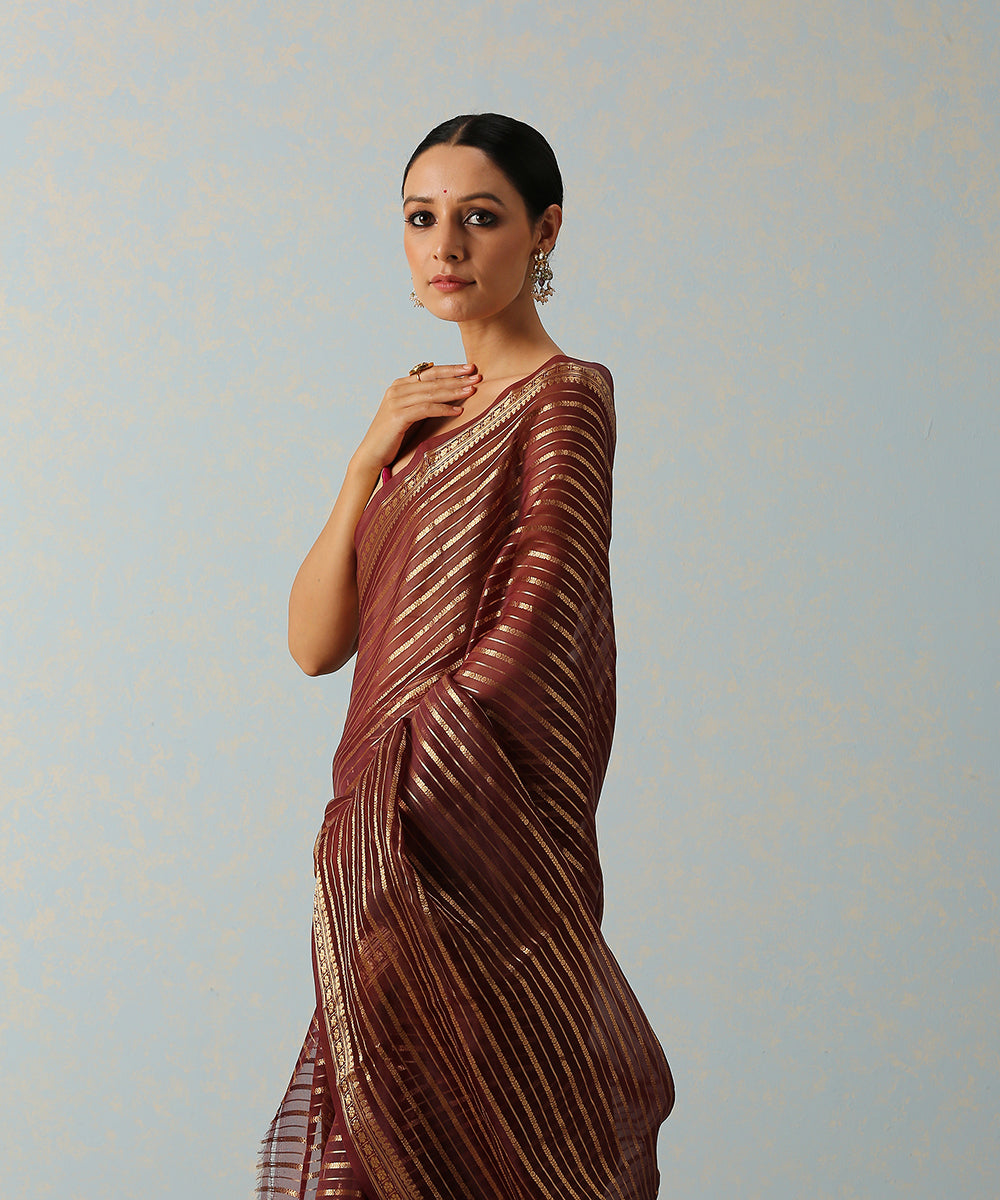Handloom Wine Kora Silk Banarasi Saree With Horizontal Stripes ...