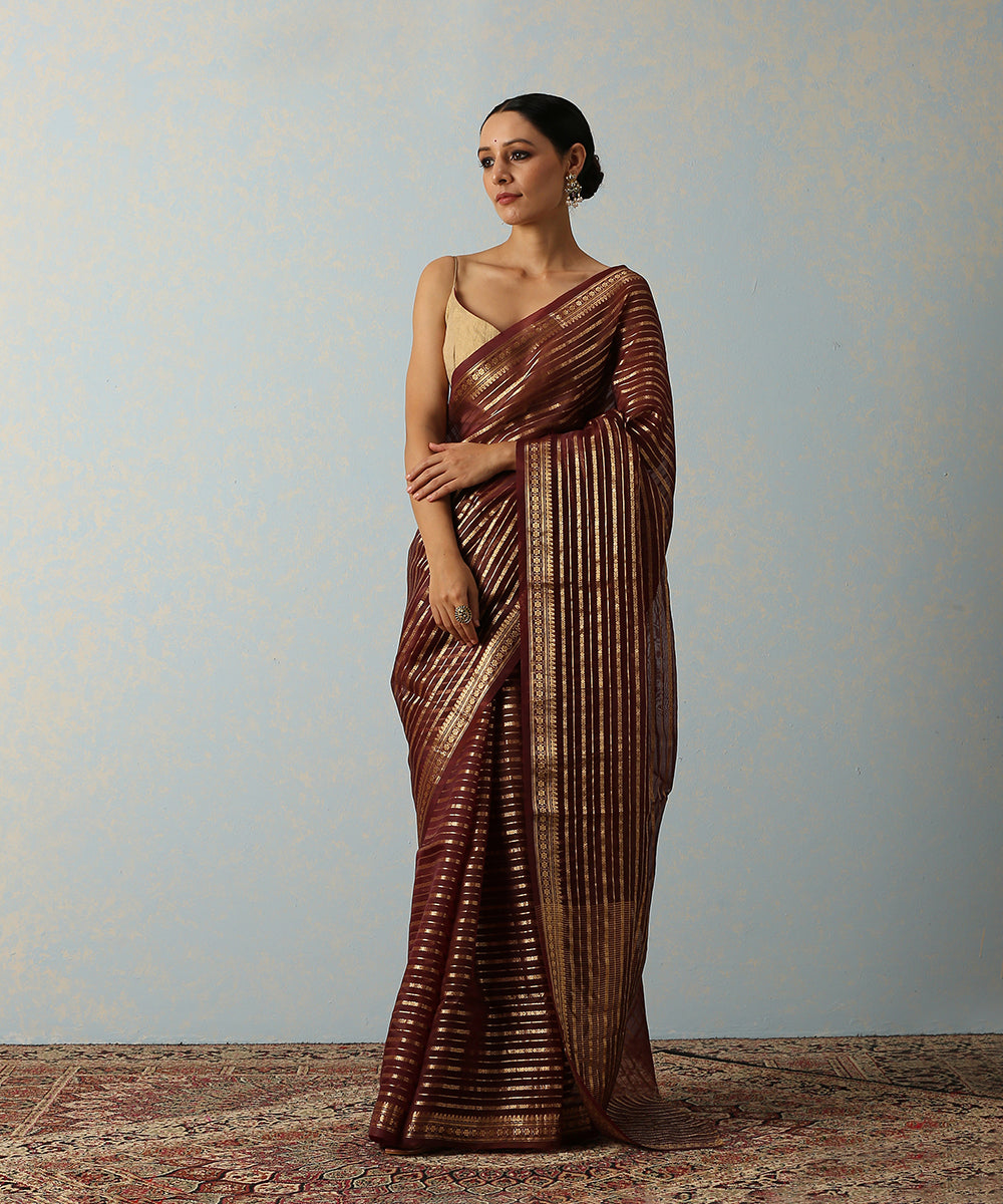 Handloom Wine Kora Silk Banarasi Saree With Horizontal Stripes ...