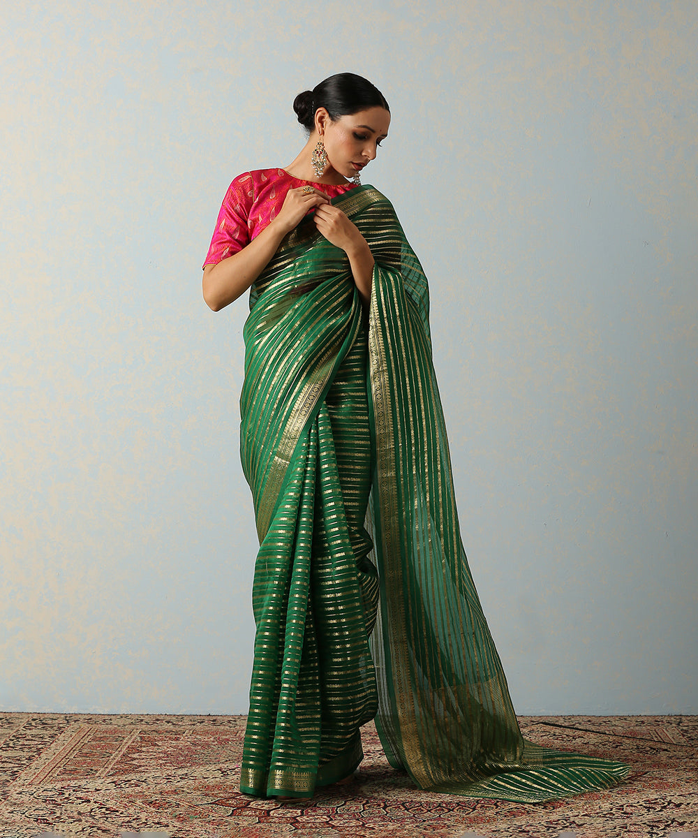 Green Handloom Kora Silk Banarasi Saree With Horizontal Stripes ...