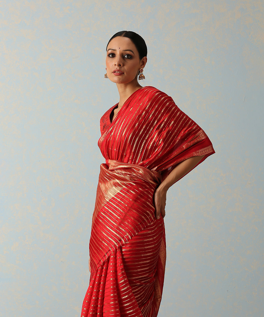 Red Handloom Katan Silk Banarasi Saree With Horizontal Stripes ...