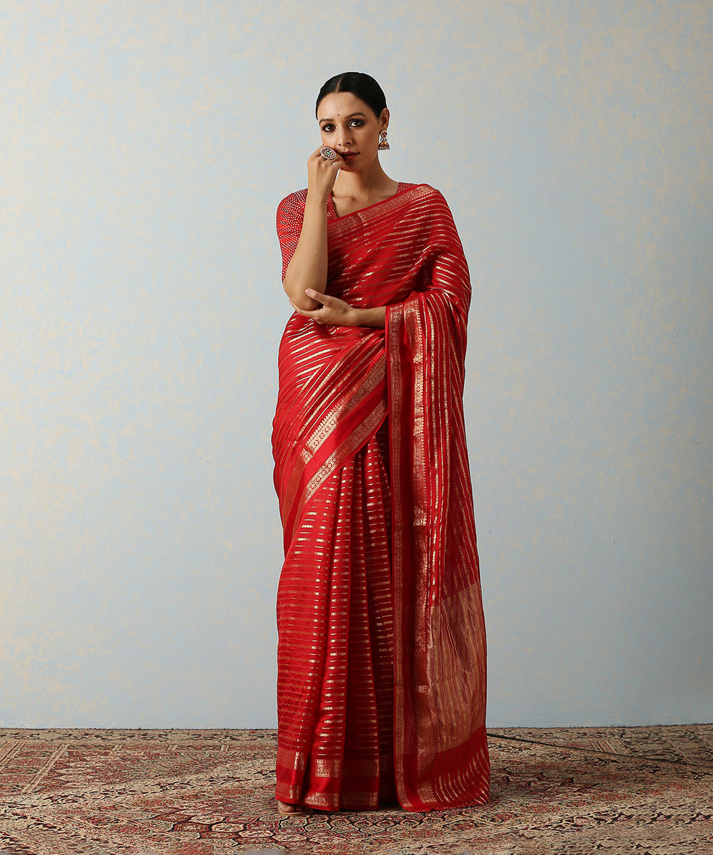 Red Handloom Katan Silk Banarasi Saree With Horizontal Stripes ...