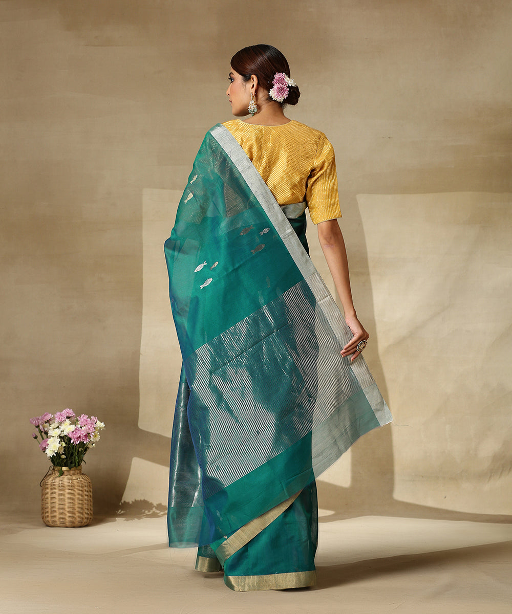 Handloom Peacock Blue Cotton Silk Chanderi Saree With Gold And Silver ...