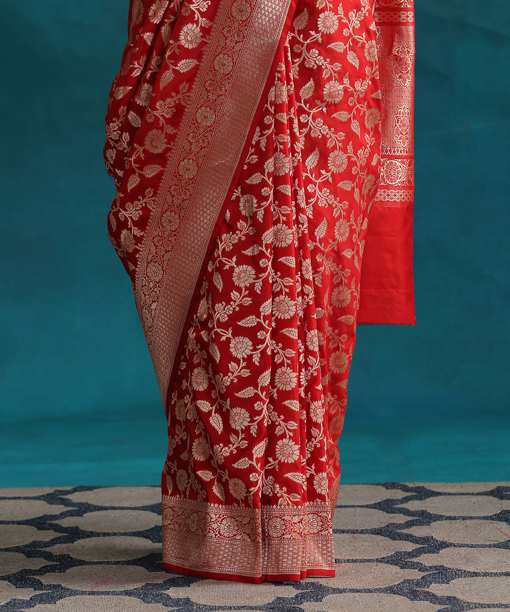 Handloom Red Pure Katan Silk Banarasi Saree With Jaal – WeaverStory