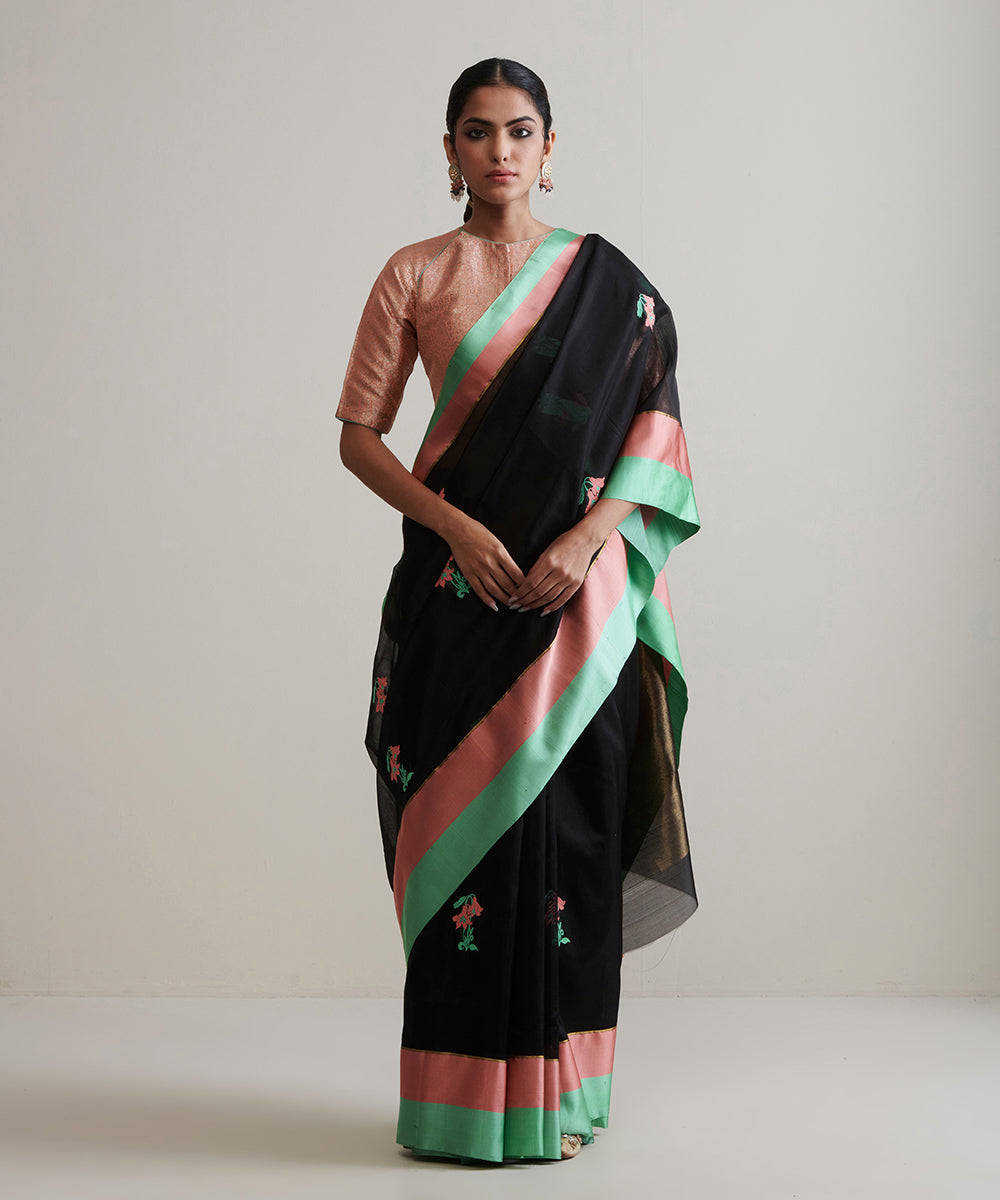 Black Handloom Pure Chanderi Silk Saree With Mashroo Border And Floral ...