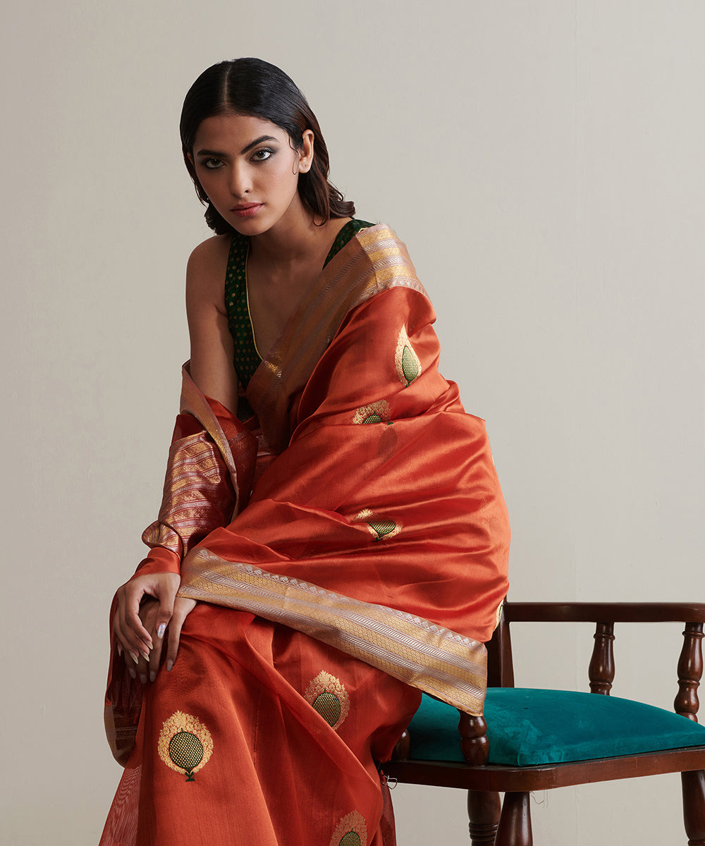 Handloom Rust Pure Chanderi Silk Saree With Pomegranate Motifs ...