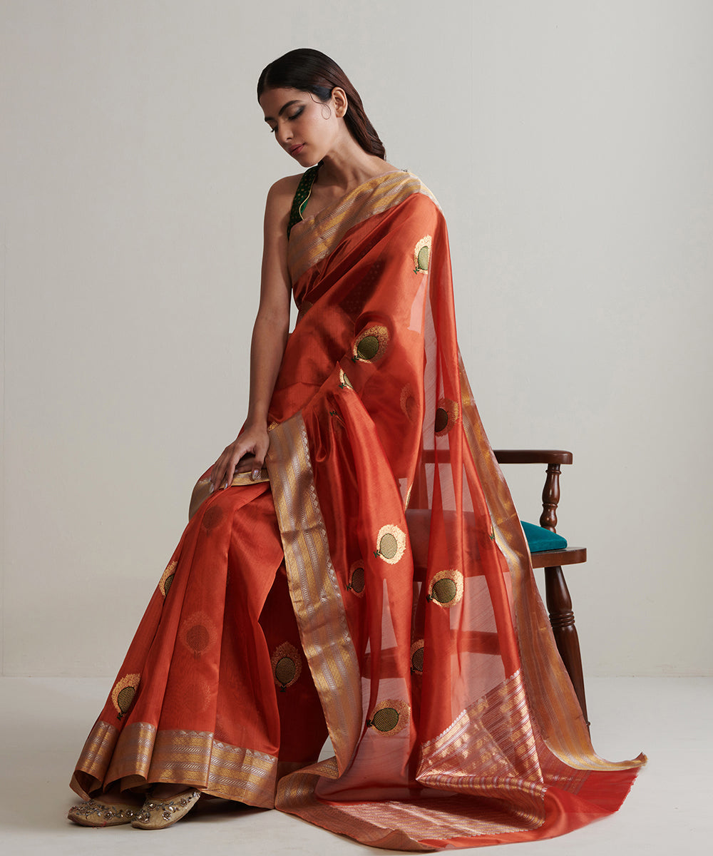 Handloom Rust Pure Chanderi Silk Saree With Pomegranate Motifs ...