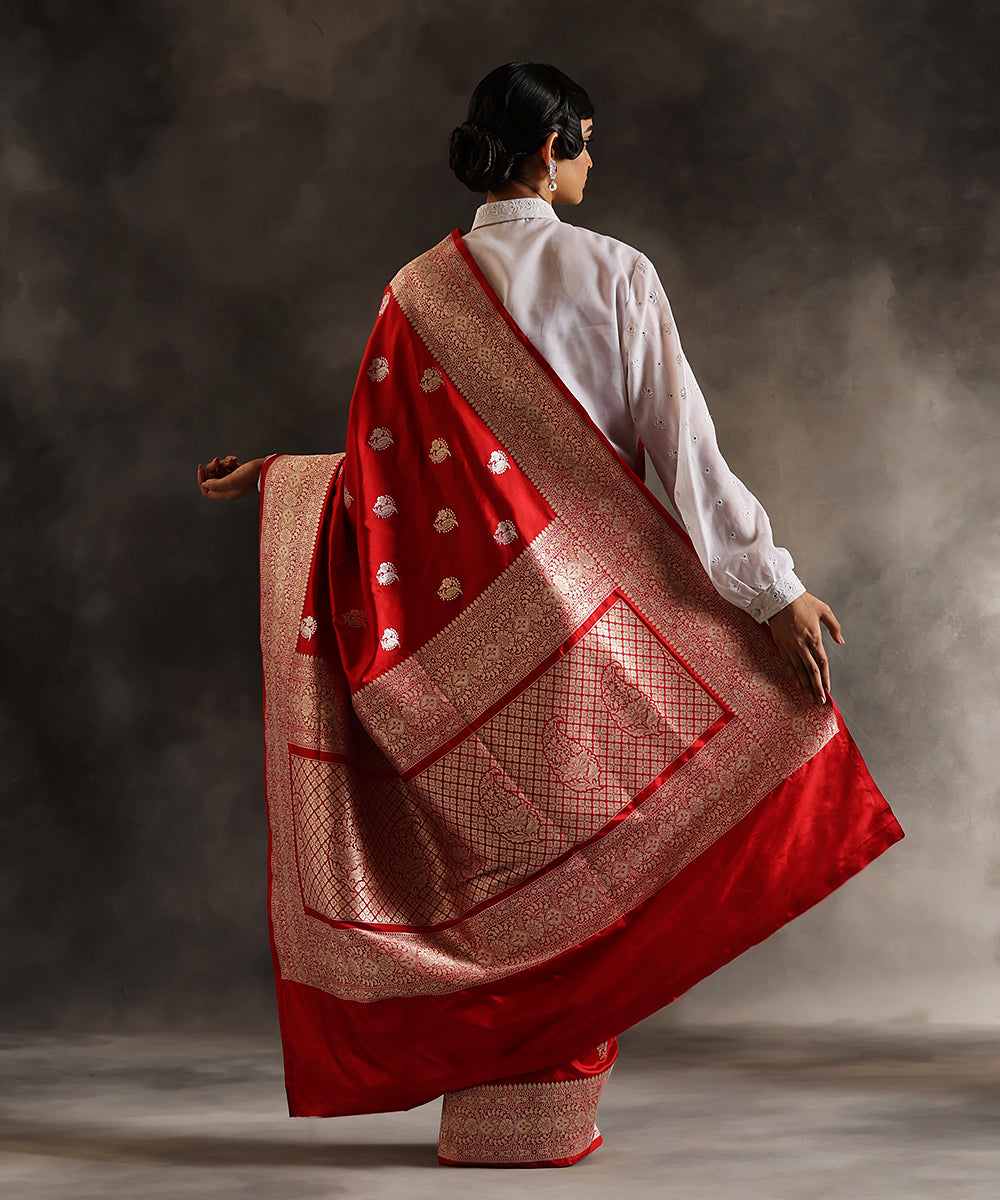Red Handloom Pure Katan Silk Banarasi Saree With Sona Rupa Zari ...