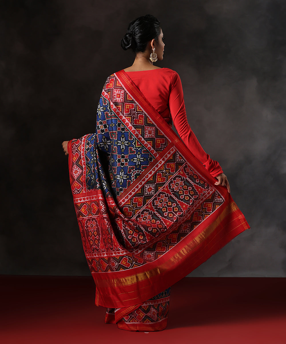 Handloom Blue Pure Mulberry Silk Single Ikat Patola Saree With Red Bor ...