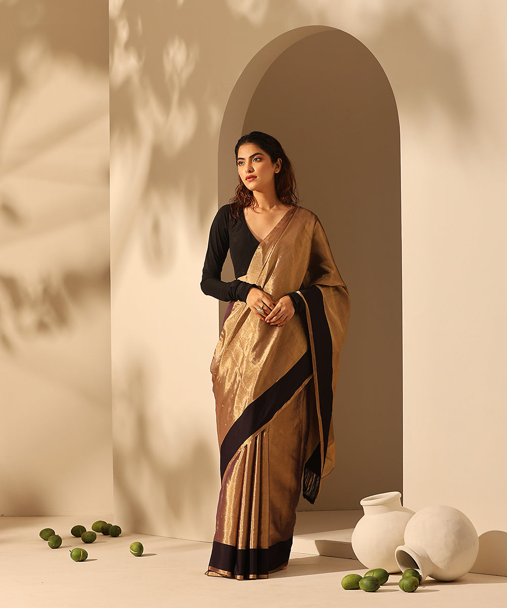 Handloom Gold Chanderi Tissue Silk Saree With Black 4 Inch Border ...