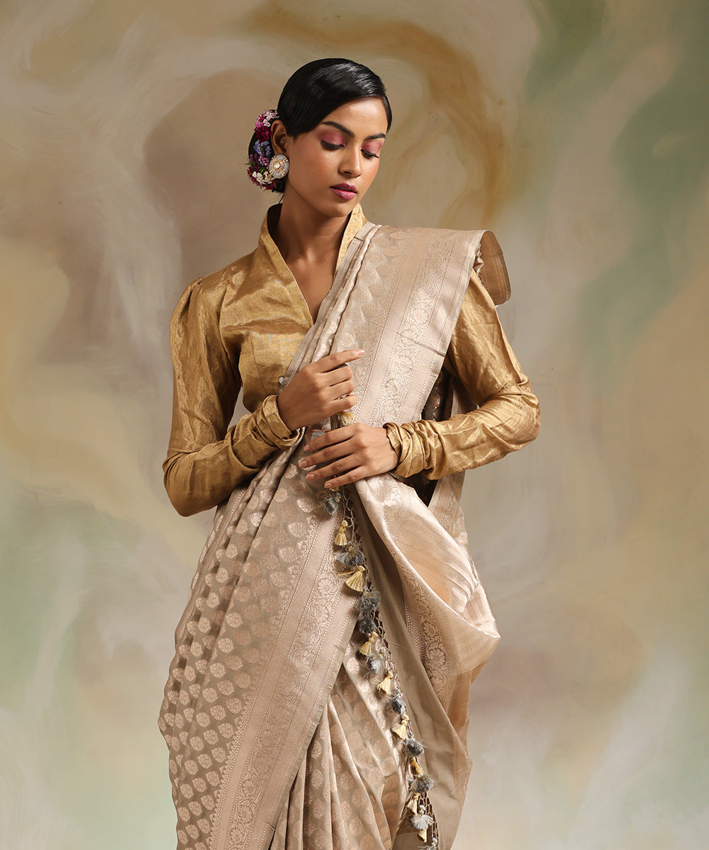 Handloom Grey Pure Katan Silk Banarasi Saree With All OveGold Zari Cut ...