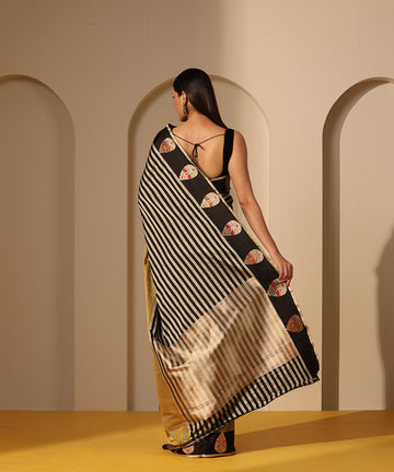 Handloom Mustard And Grey Horizontal Striped Mashroo Silk Banarasi Sar ...