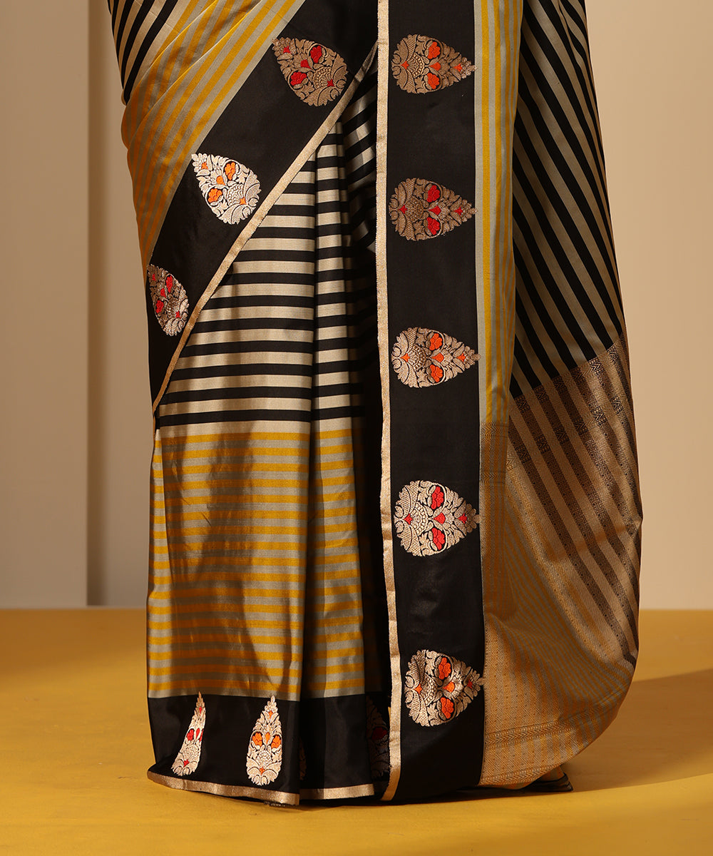 Handloom Mustard And Grey Horizontal Striped Mashroo Silk Banarasi Sar ...