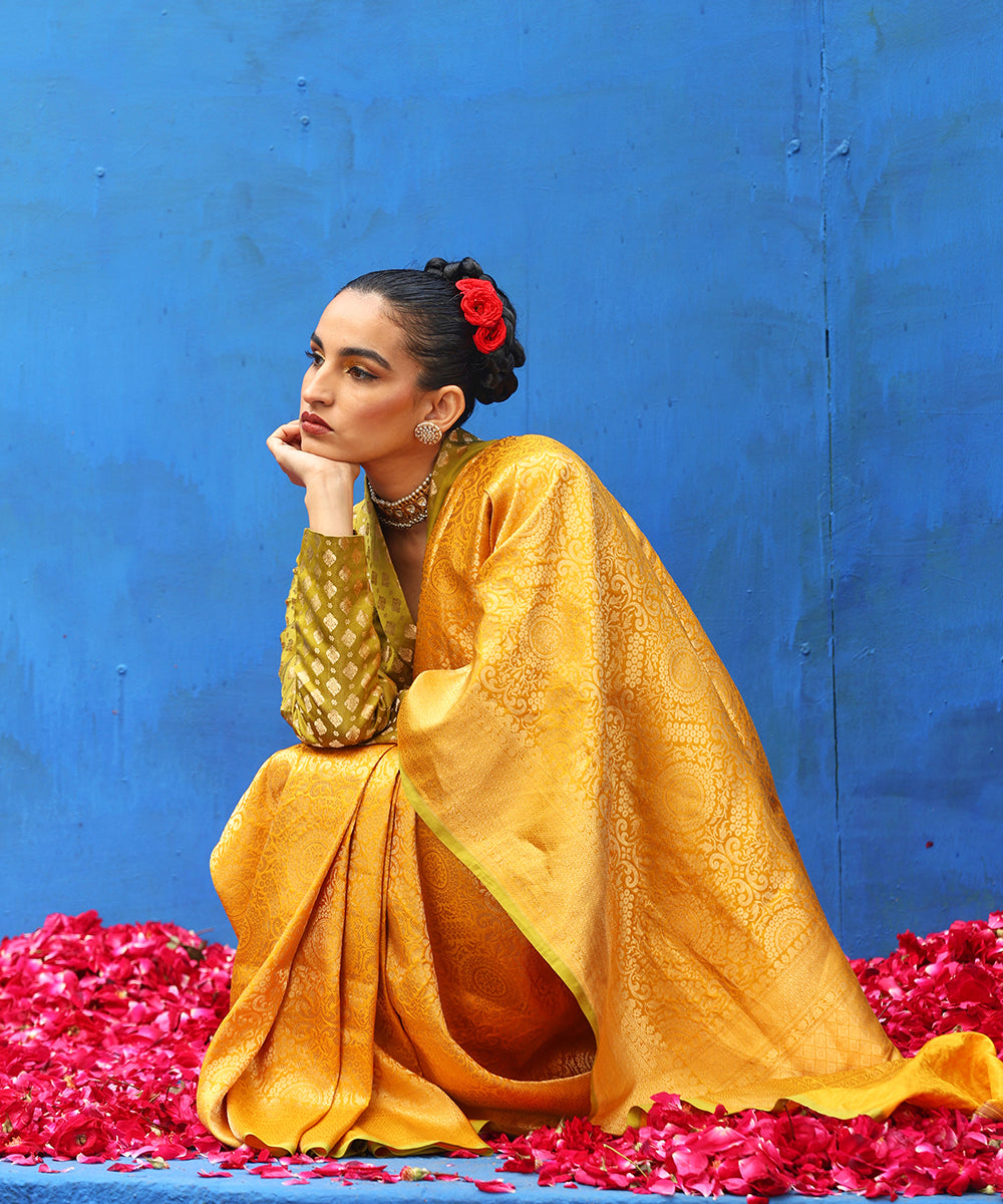 Mustard Handloom Pure Katan Silk Zari Banarasi Saree With Circular Mot ...