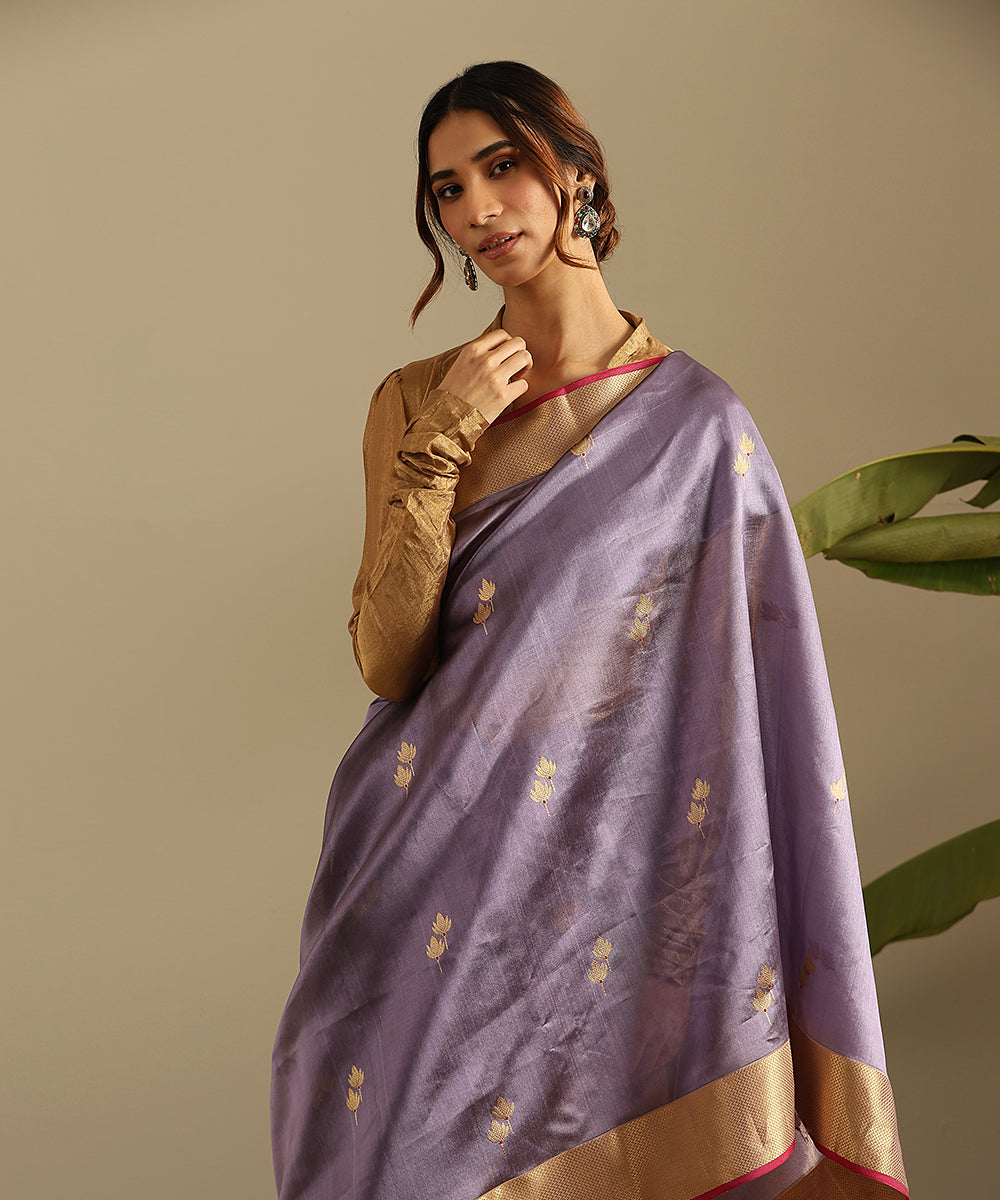 Handloom Purple Pure Silk Chanderi Saree With Twin Flower Motifs And Z ...