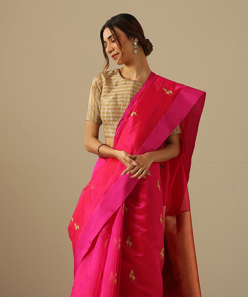 Handloom Pink Pure Silk Chanderi Saree With Floral Buds And Pink Borde ...