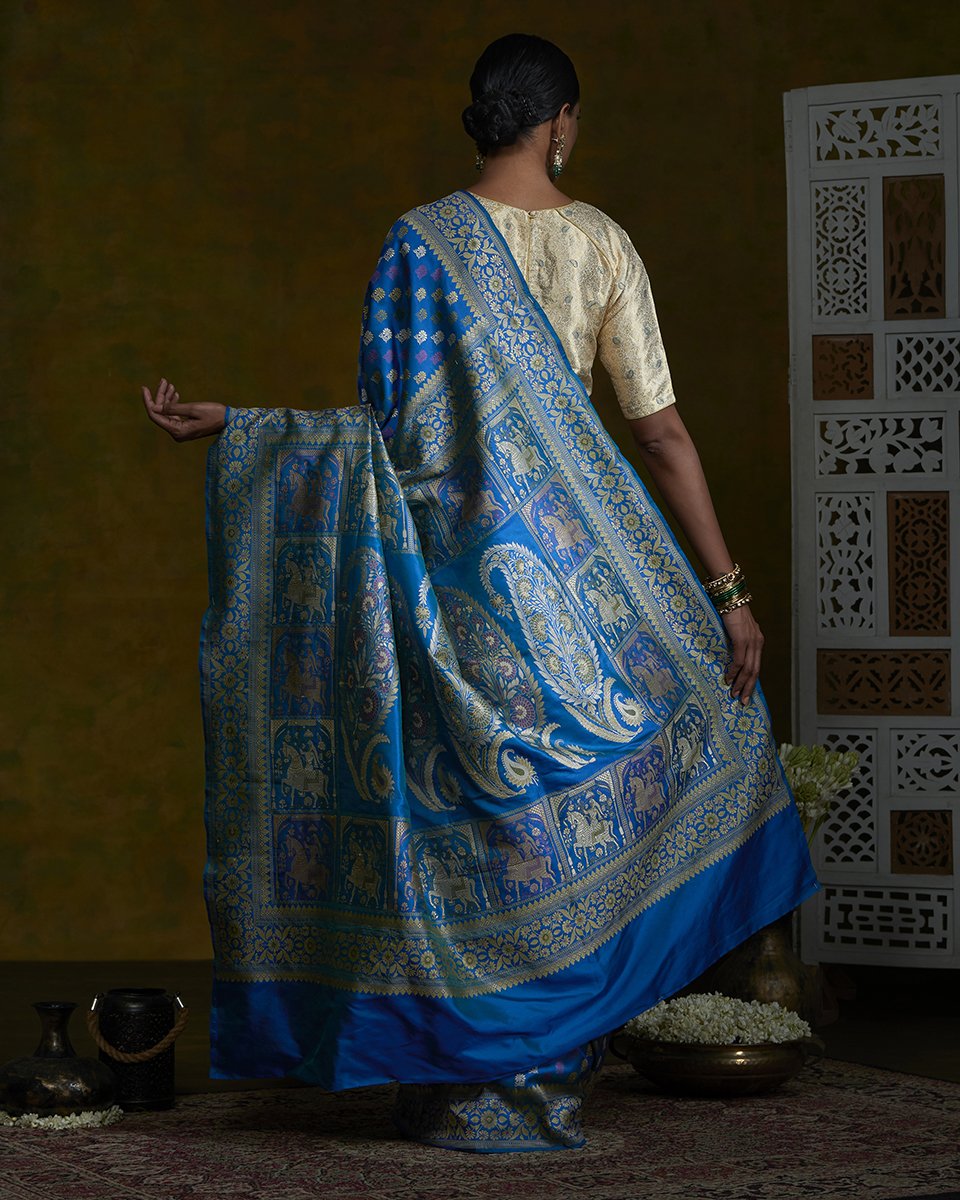 Blue Handloom Banarasi Baluchari Saree with Horse Pallu - WeaverStory