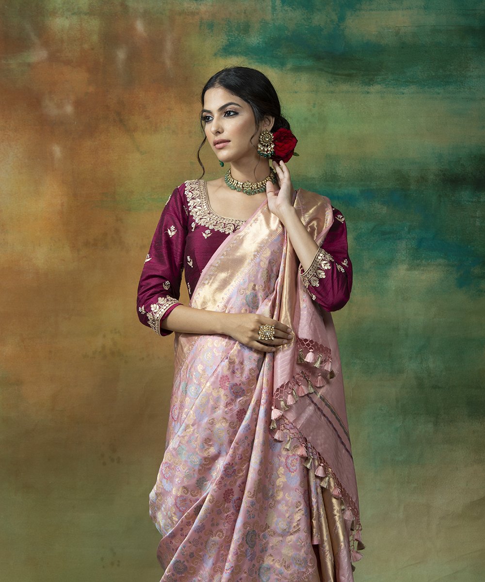 Pink Handloom Banarasi Jangla Saree with Meenakari Gyasar Jaal ...