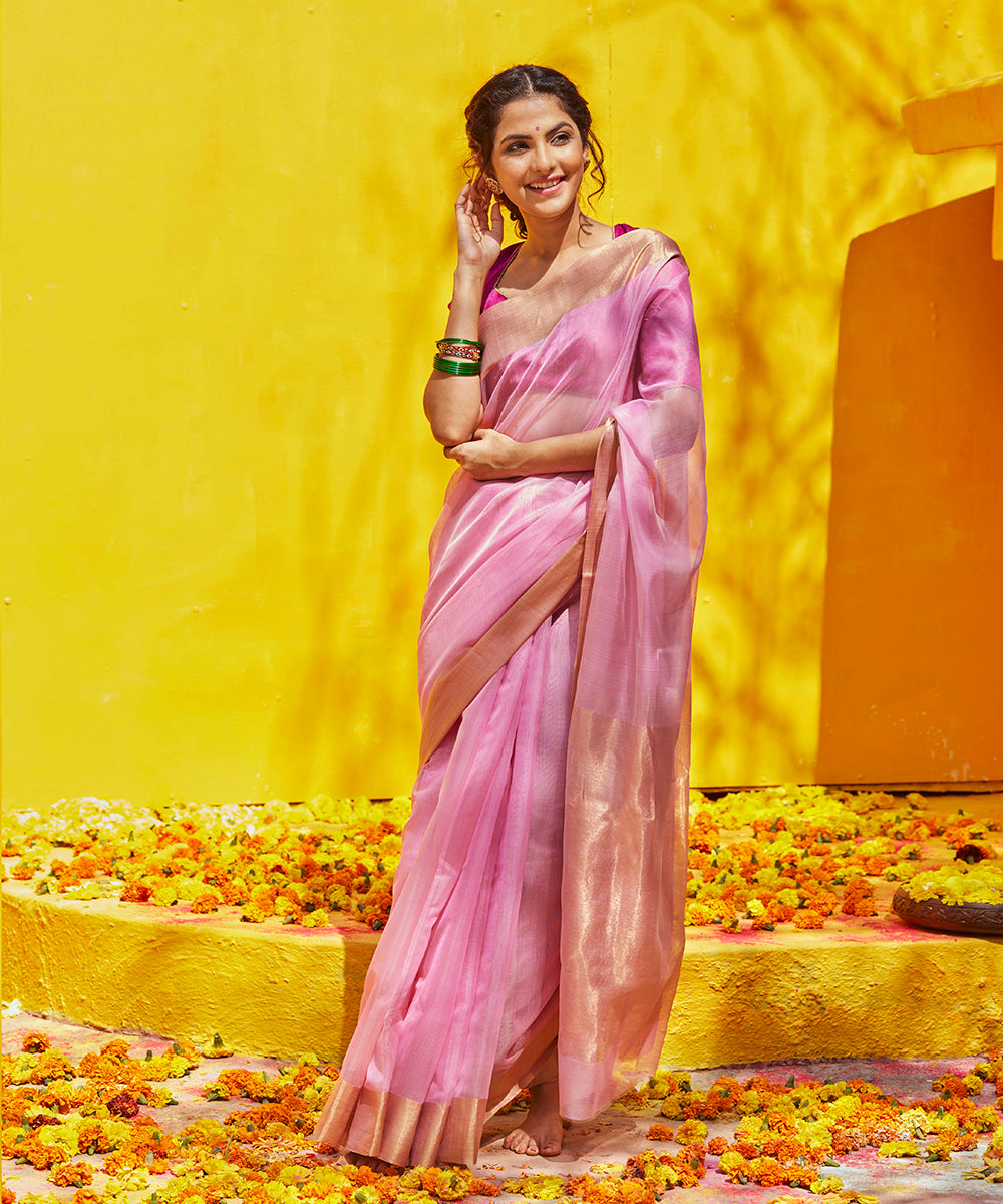 Light Pink Handloom Pure Cotton Silk Chanderi Saree With Gold Border ...